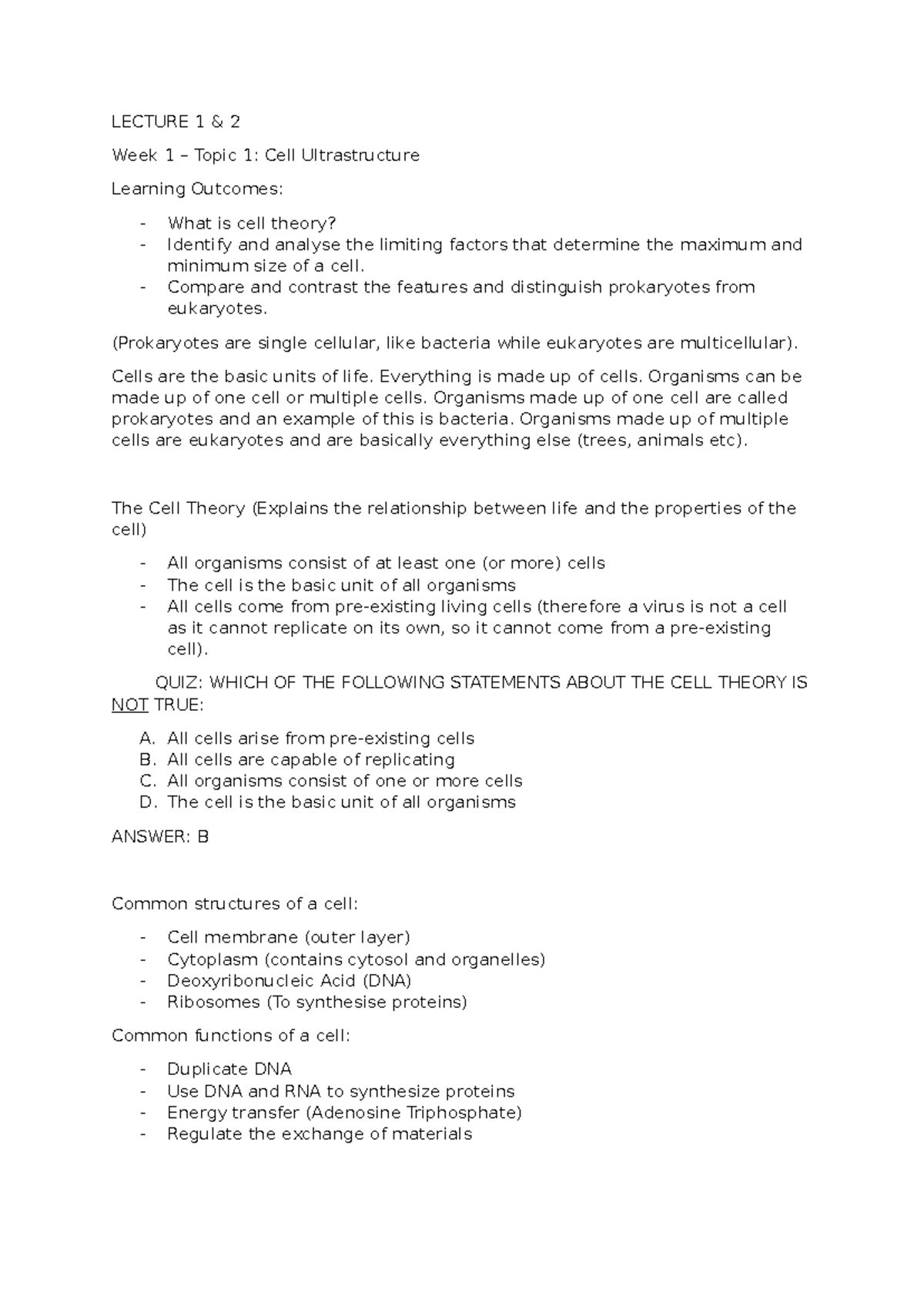 LECTURE 1 & 2: Cell Ultrastructure and Cell Theory Overview - Studocu