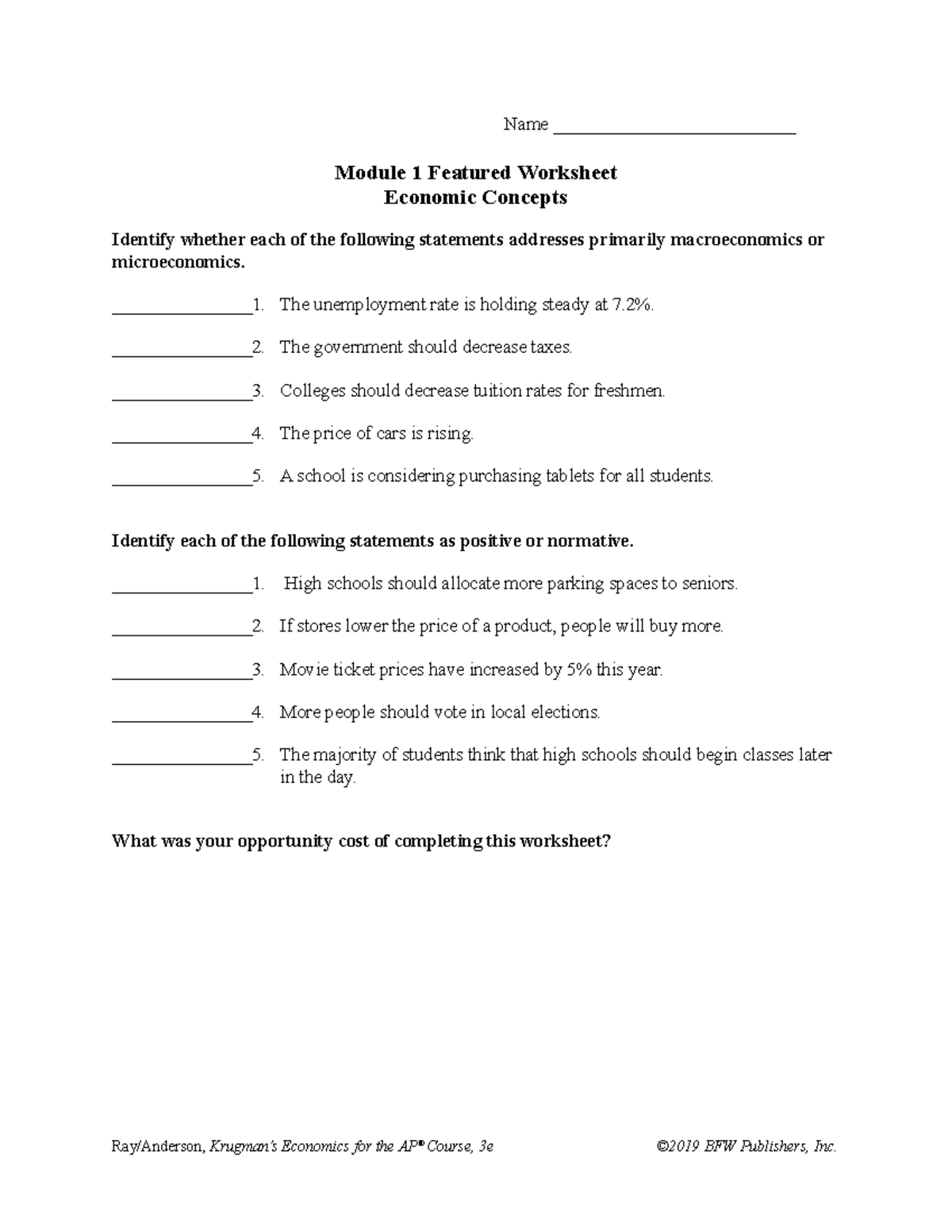 Unit 1: Economic Concepts Worksheet & Answer Key (Econ 101) - Studocu