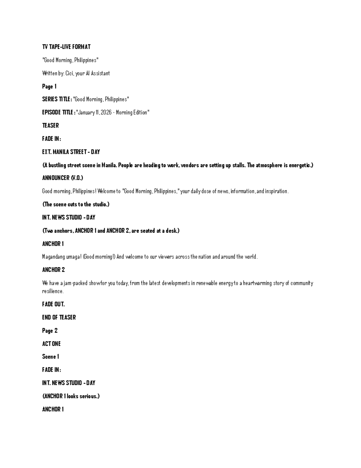 TV FORMAT Morning: Episode 11 Script - Manila News Highlights - Studocu