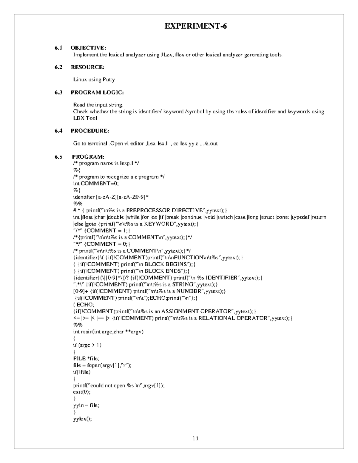 C Program for Lexical Analyzer Using LEX Tool (Laboratory Experiment ...