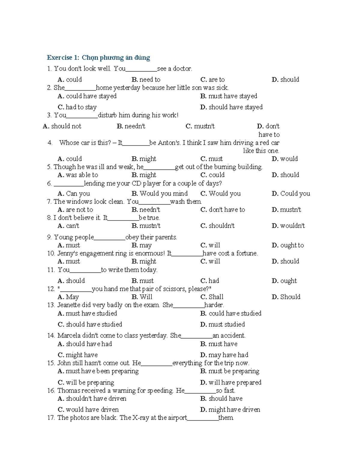 BT Động từ khuyết thiếu - Bài tập Modal Verbs và Đọc Hiểu - Studocu