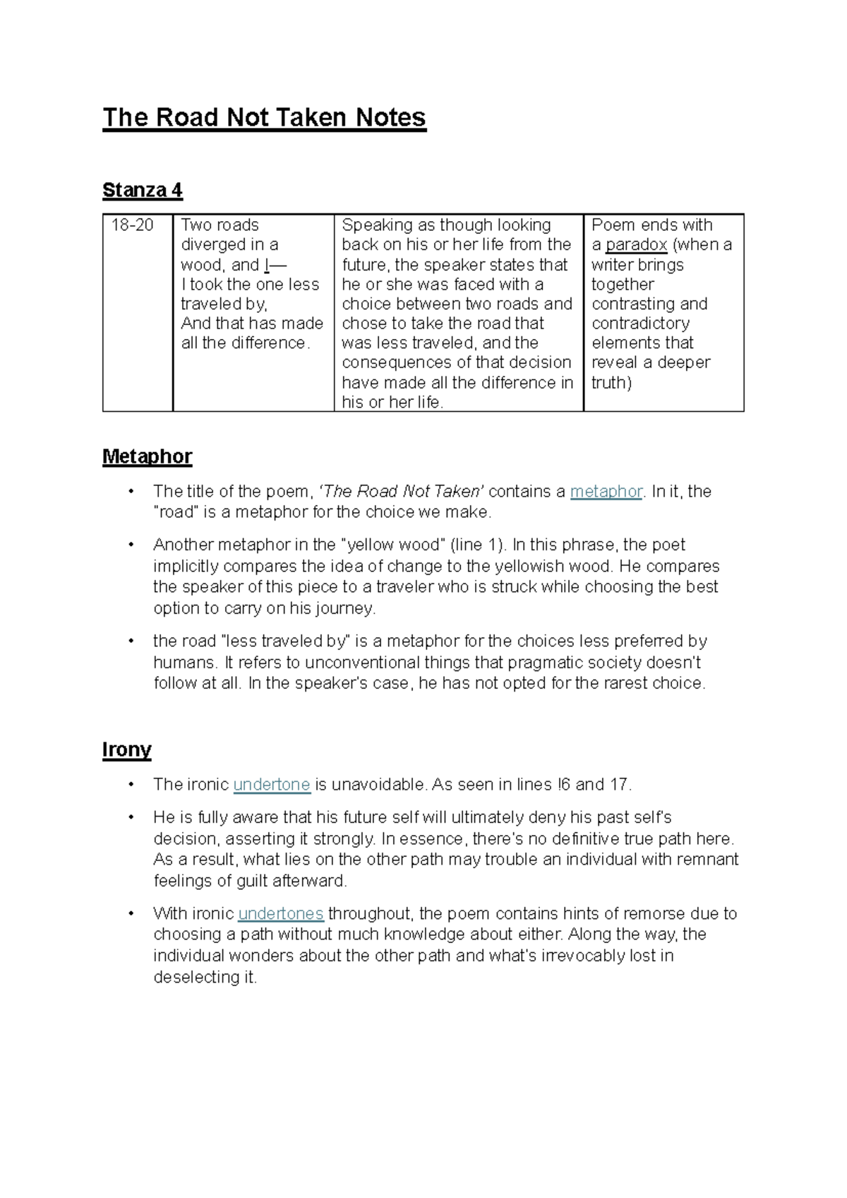The Road Not Taken (ENG 101) Analysis and Stanza Breakdown - Studocu