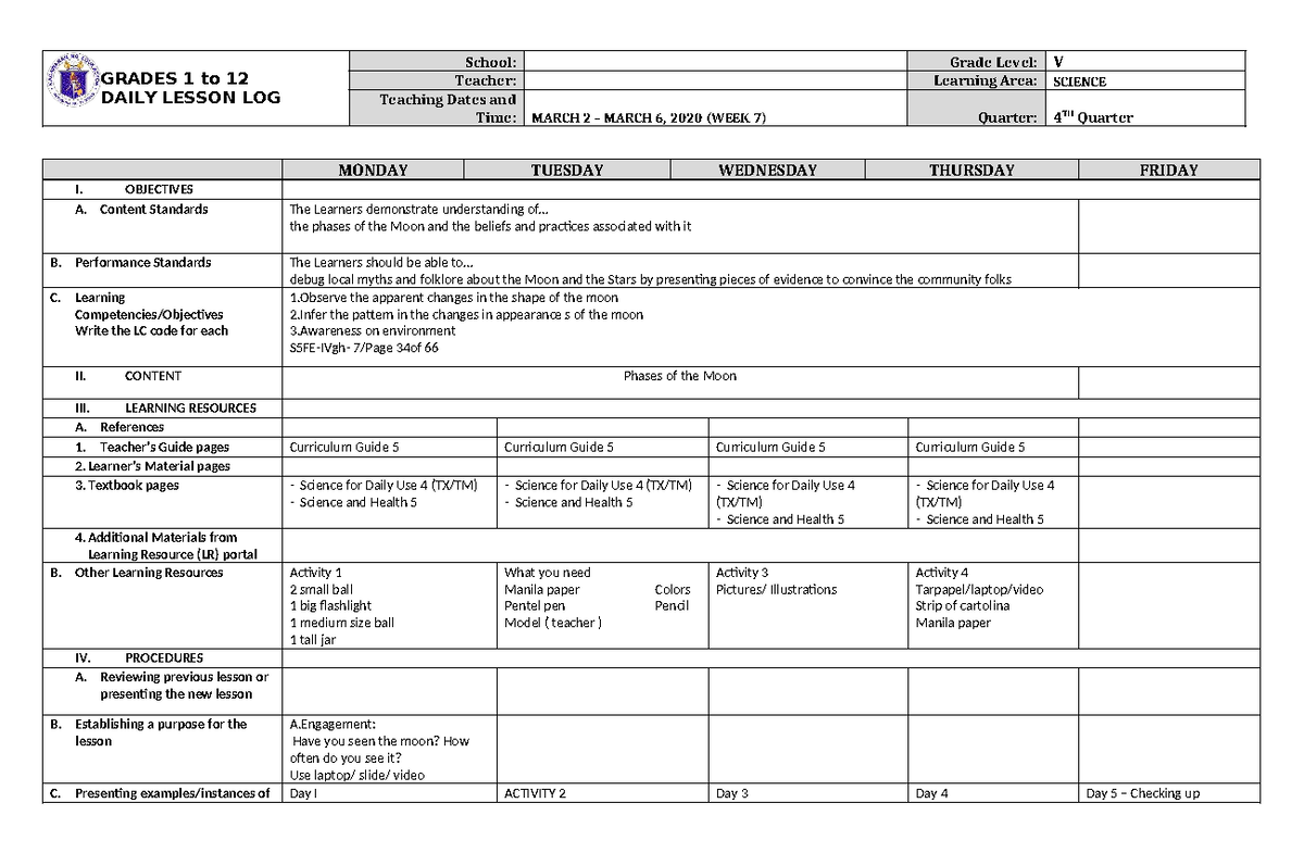 Grade 5 DLL Science 5 Q4 Week 7: Phases of the Moon Lesson Plan - Studocu