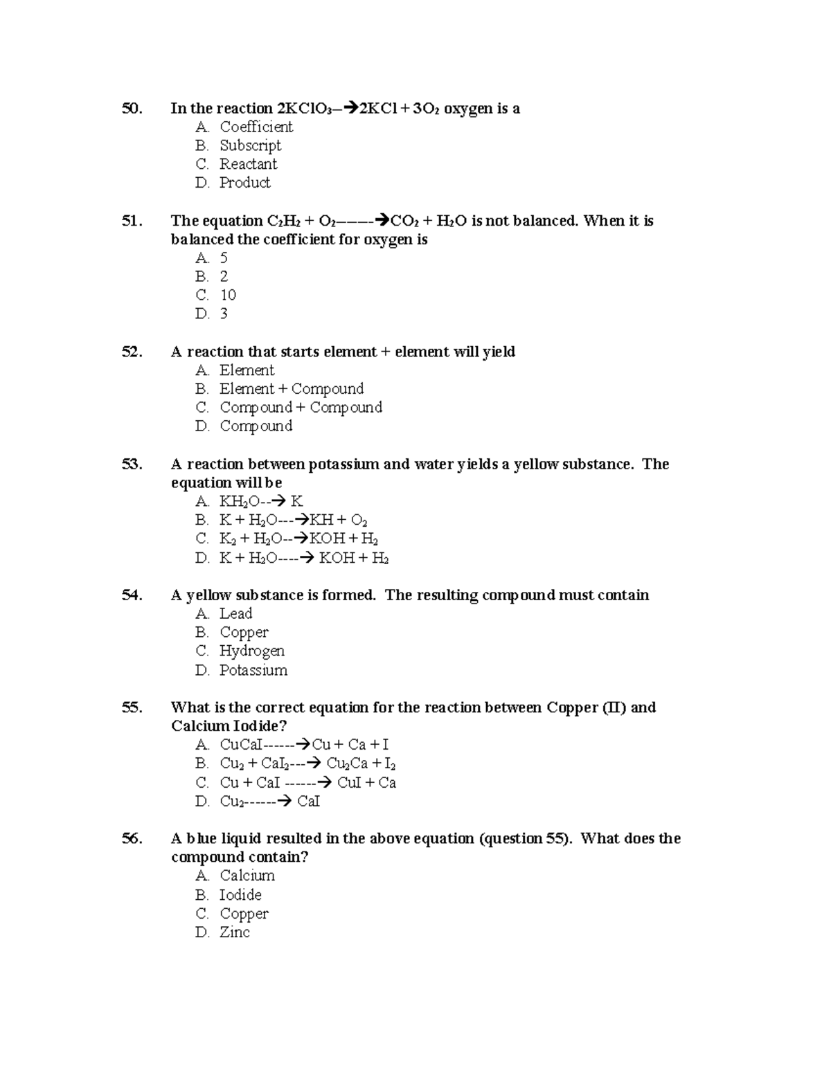 Chem 101 Test - Chemical Reactions and Balancing Equations - Studocu