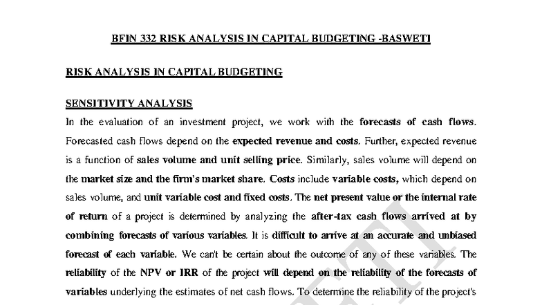 Sensitivity Analysis in Capital Budgeting: BFIN 332 - Studocu
