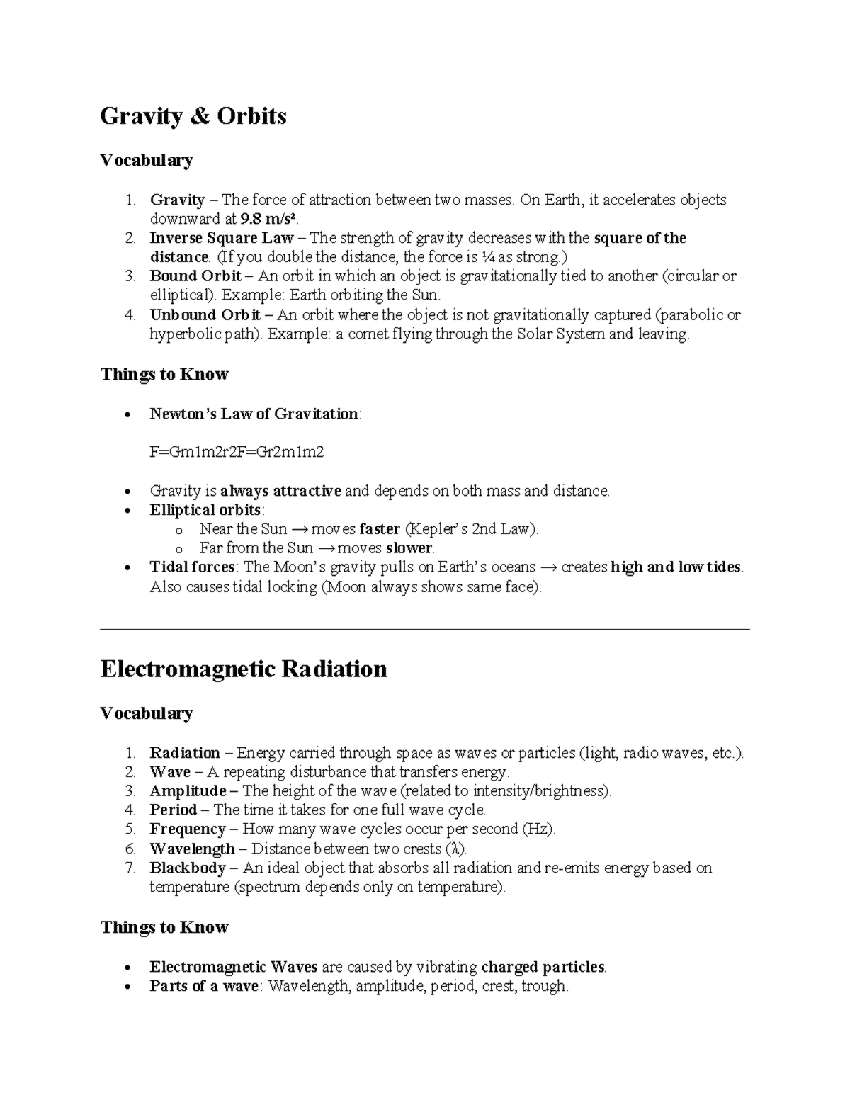 Gravity, Orbits, and Electromagnetic Radiation: Key Concepts - Studocu