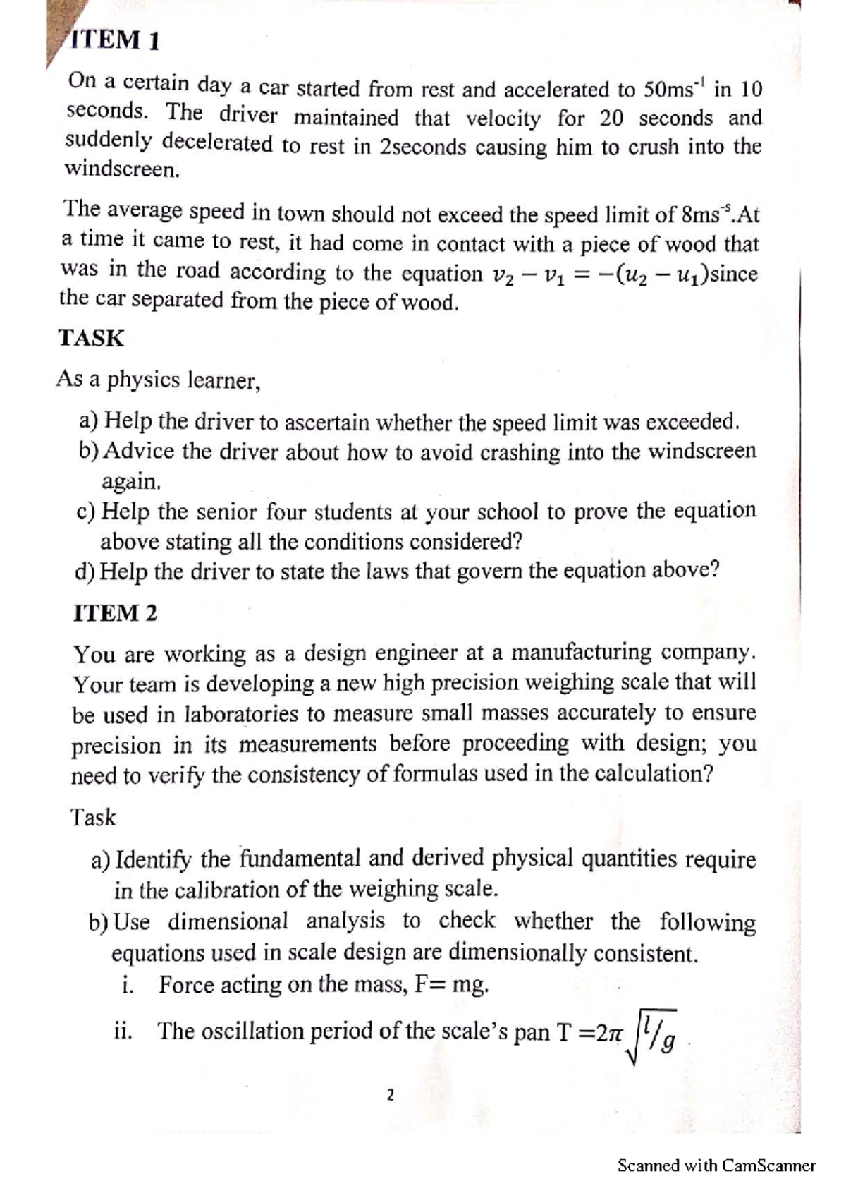 S5 Physics End of Term 1 2025: Motion & Weighing Scale Analysis - Studocu