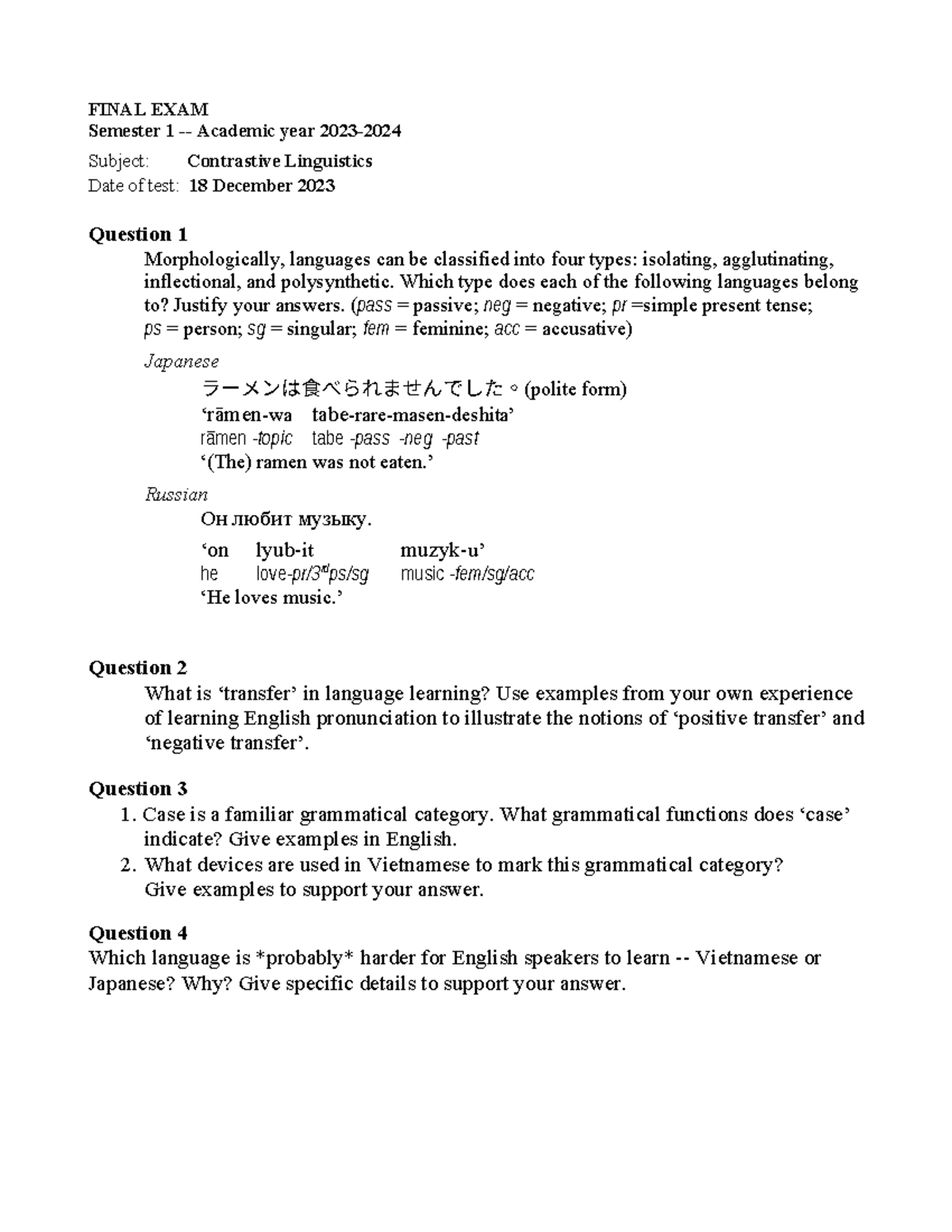 Contrastive Linguistics Final Exam Questions (CL 18Dec2023) - Studocu