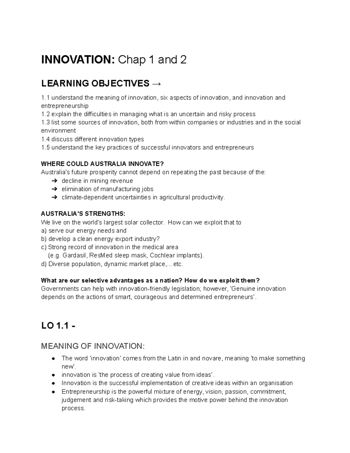 INNOVATION: Chapters 1 & 2 Learning Objectives and Market Analysis ...