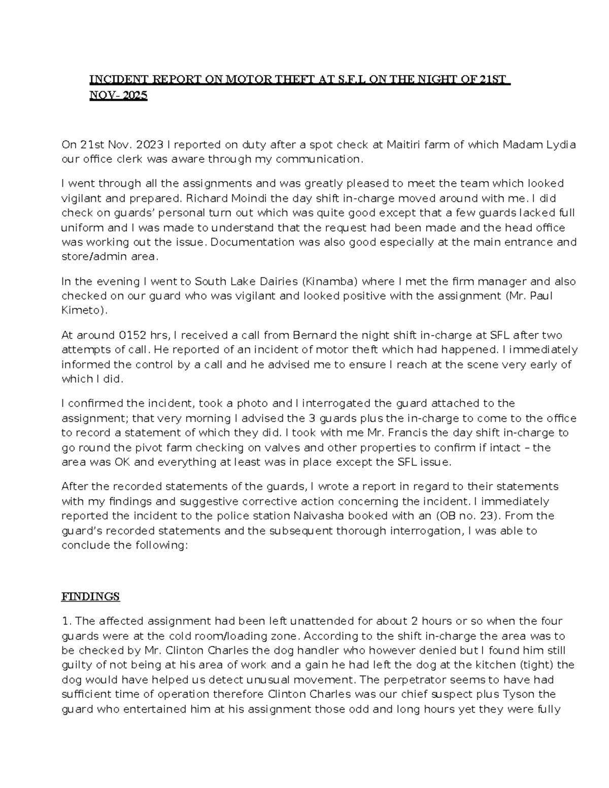 S.F.L Motor Theft Incident Report - Findings & Recommendations - Studocu