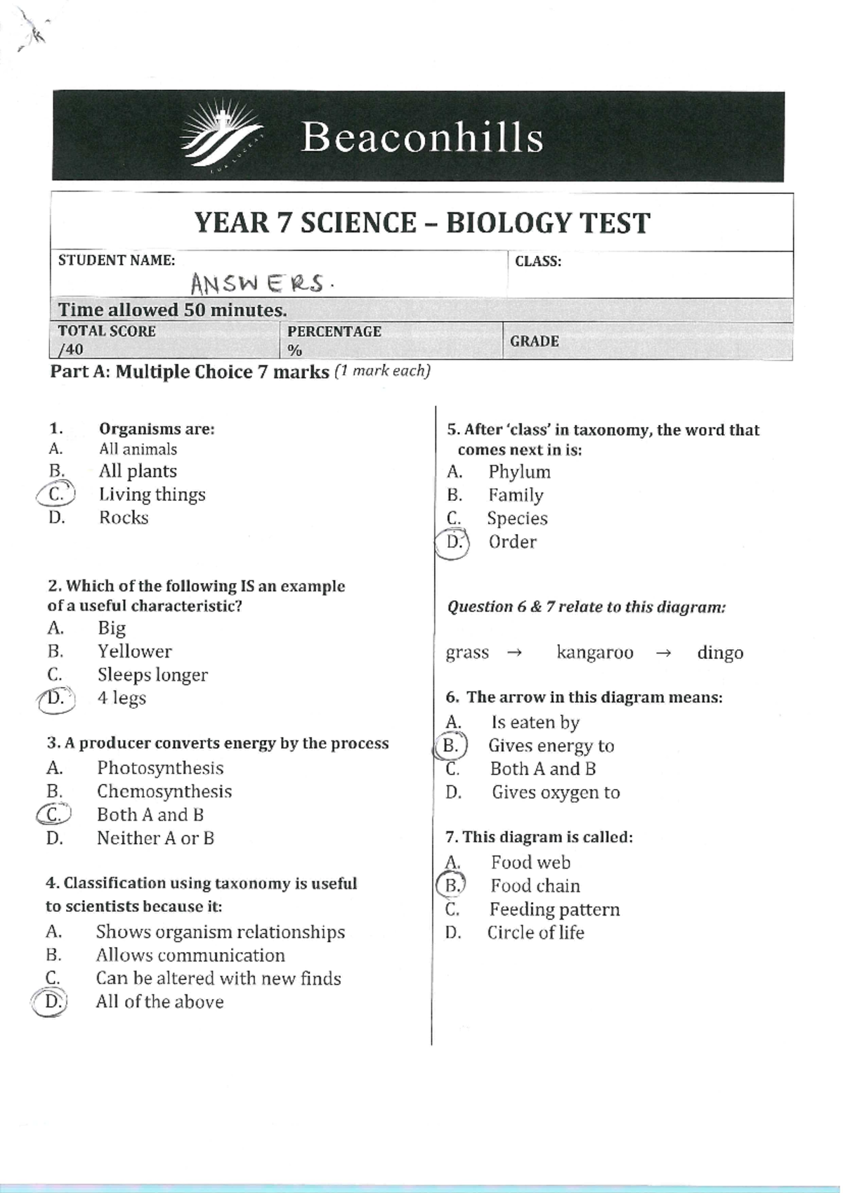 Biology Test Answers for Beaconhills Y7 (2023) - Key Facts & Concepts ...