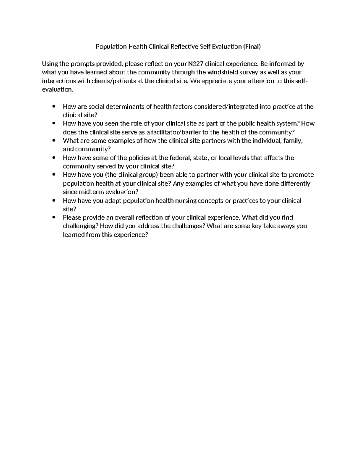 N327 Final Clinical Reflective Self Evaluation on Population Health ...