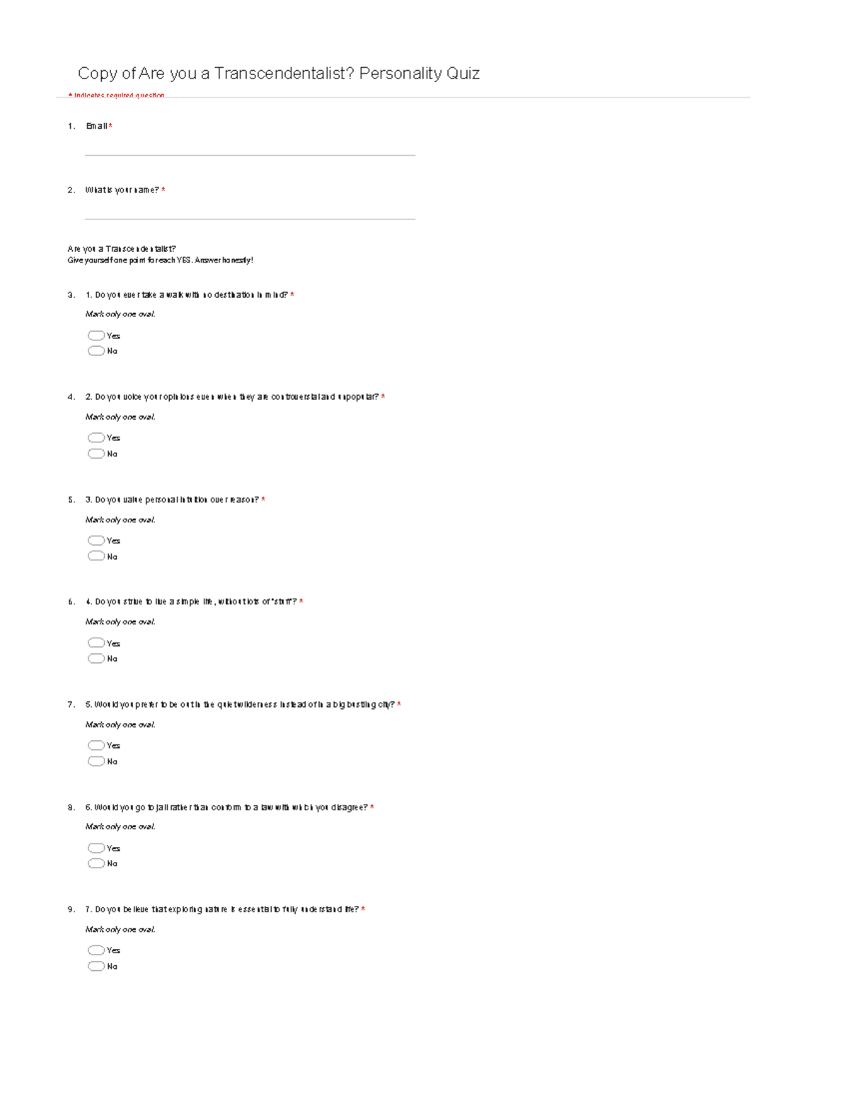 Are you a Transcendentalist quiz - 1. Email * 2. Are you a ...