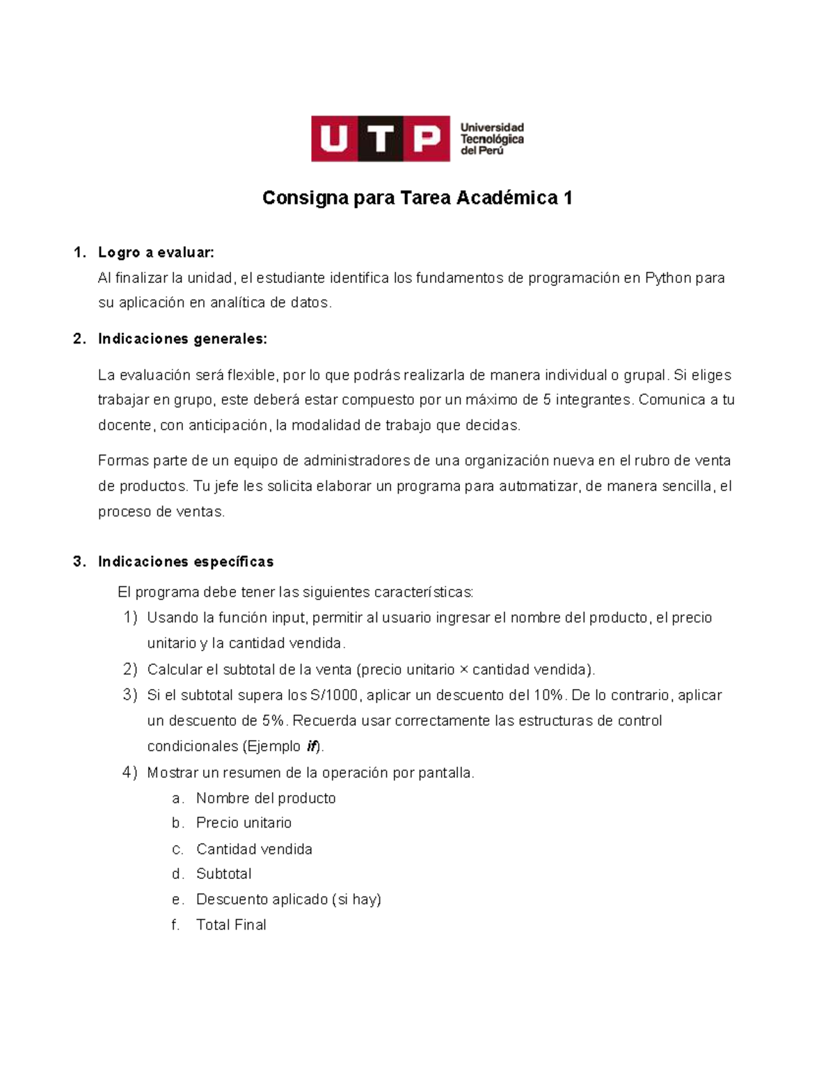 TA1 - Indicaciones para Tarea Académica 1: Programación en Python - Studocu