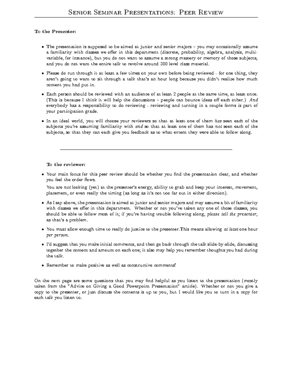 Senior Seminar Presentation Peer Review Guidelines - Studocu