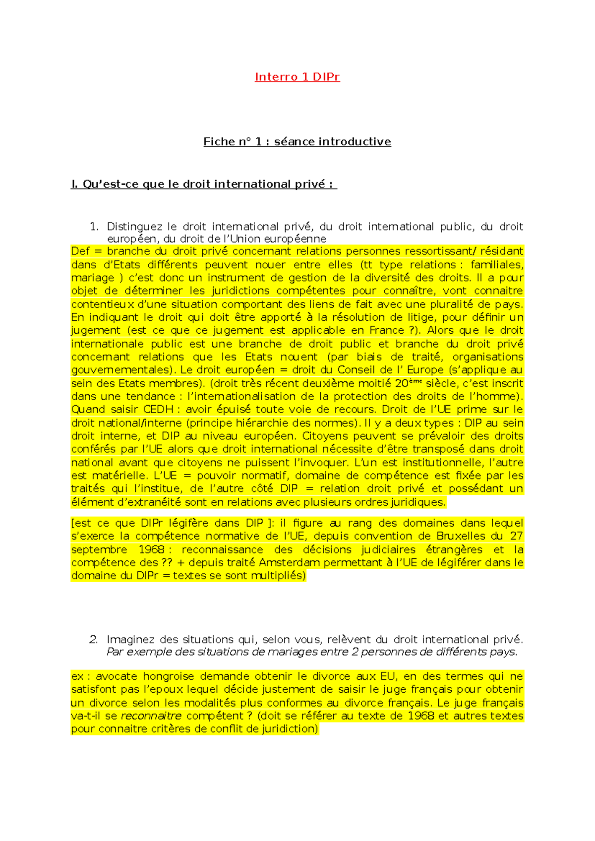 Interro 1 DIPr - Fiche 1 : Introduction au Droit International Privé ...