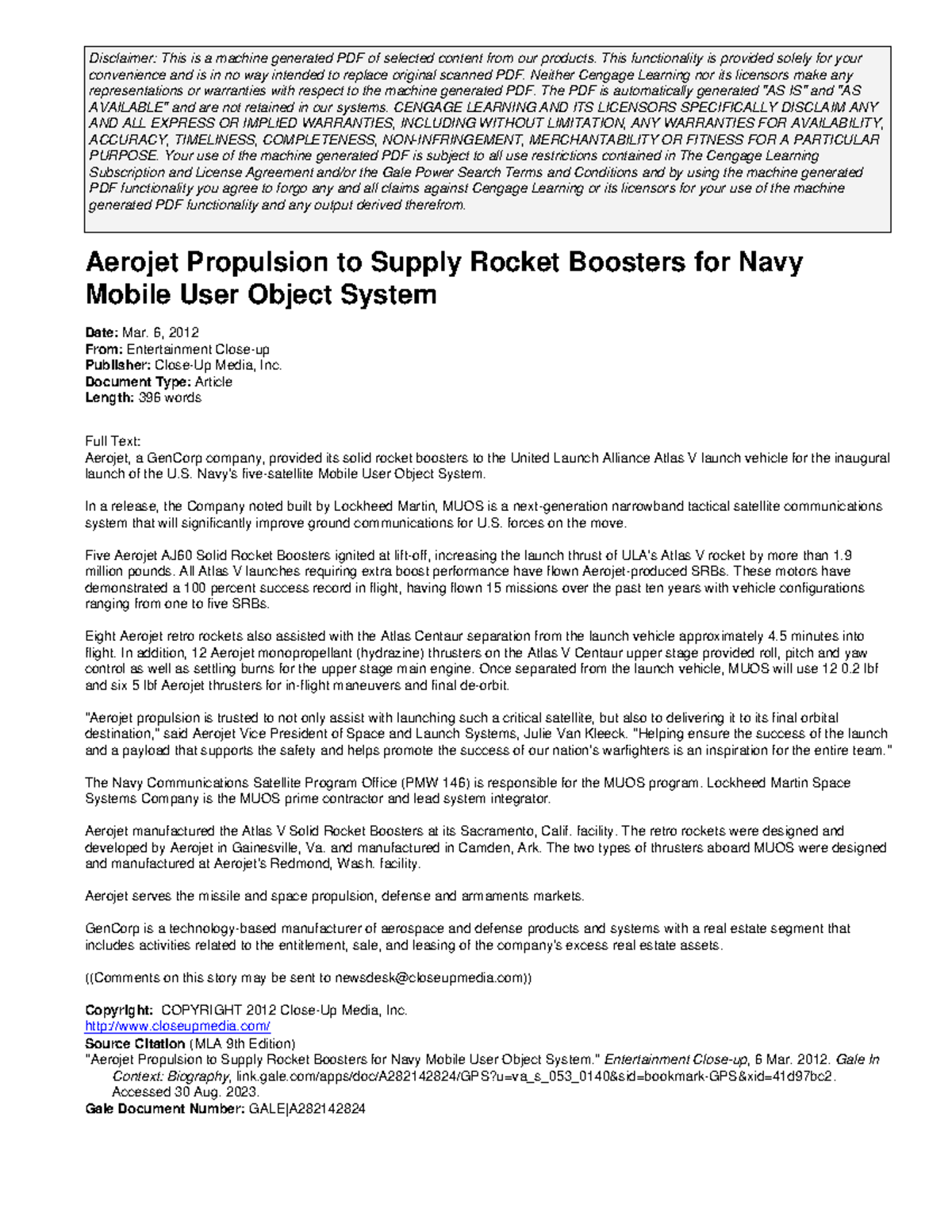 Aerojet Propulsion to Supply R - Disclaimer: This is a machine ...