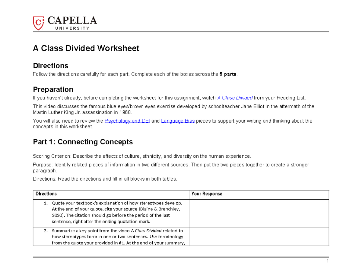 CF PSY 101: A Class Divided Worksheet and Reflection Guide - Studocu