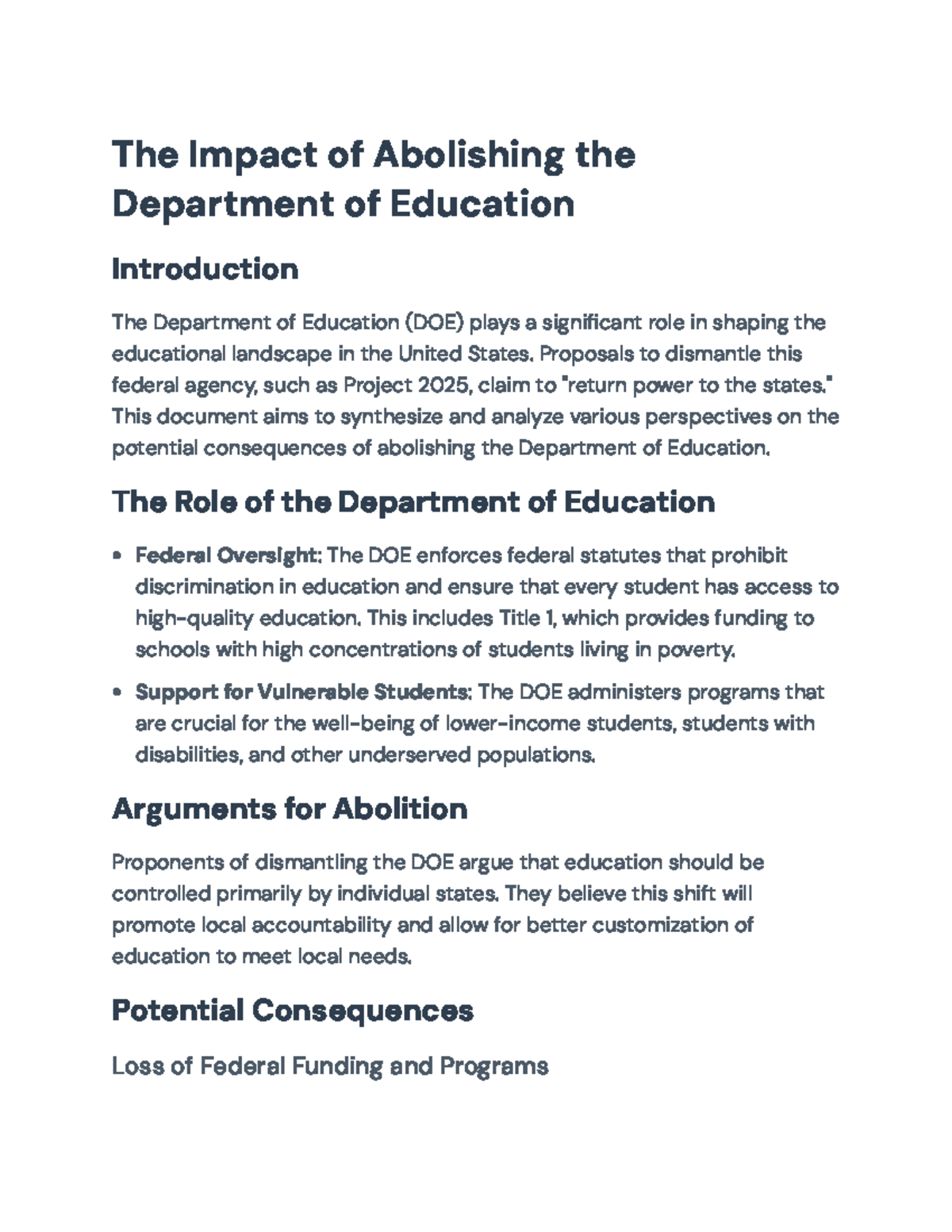 Analysis of the Potential Consequences of Abolishing the DOE - The ...