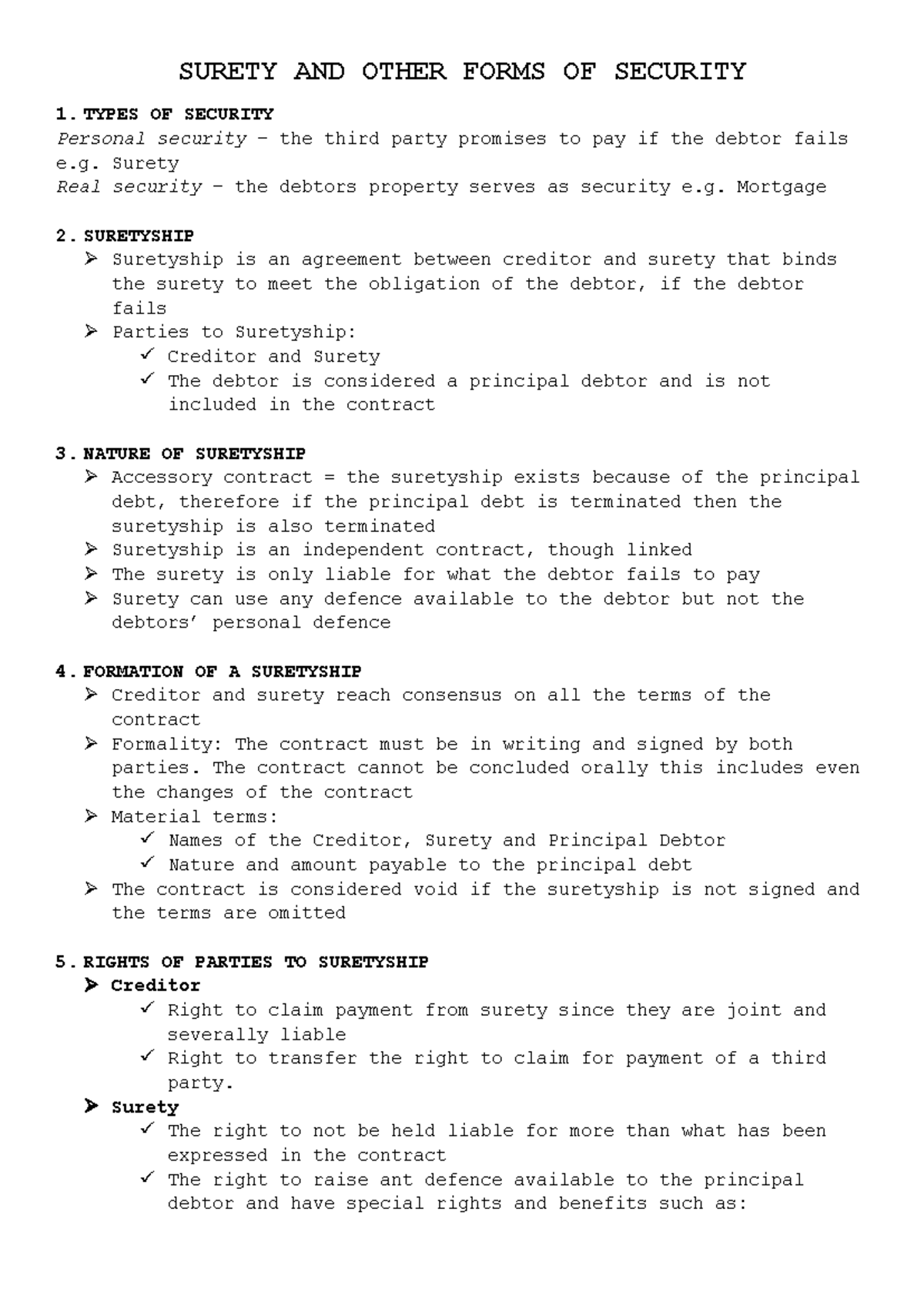 Surety and Other Forms of Security: Comprehensive Notes - Studocu
