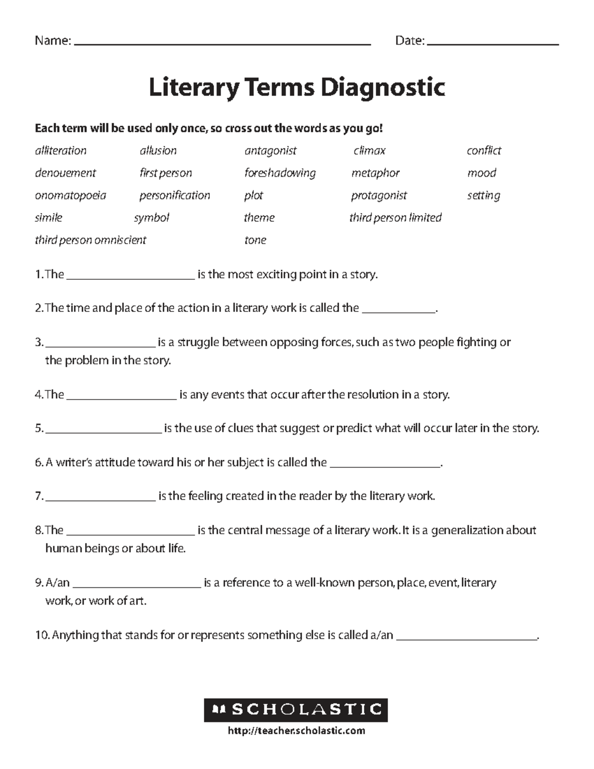 Literary Terms Diagnostic Quiz: Key Concepts and Definitions - Studocu