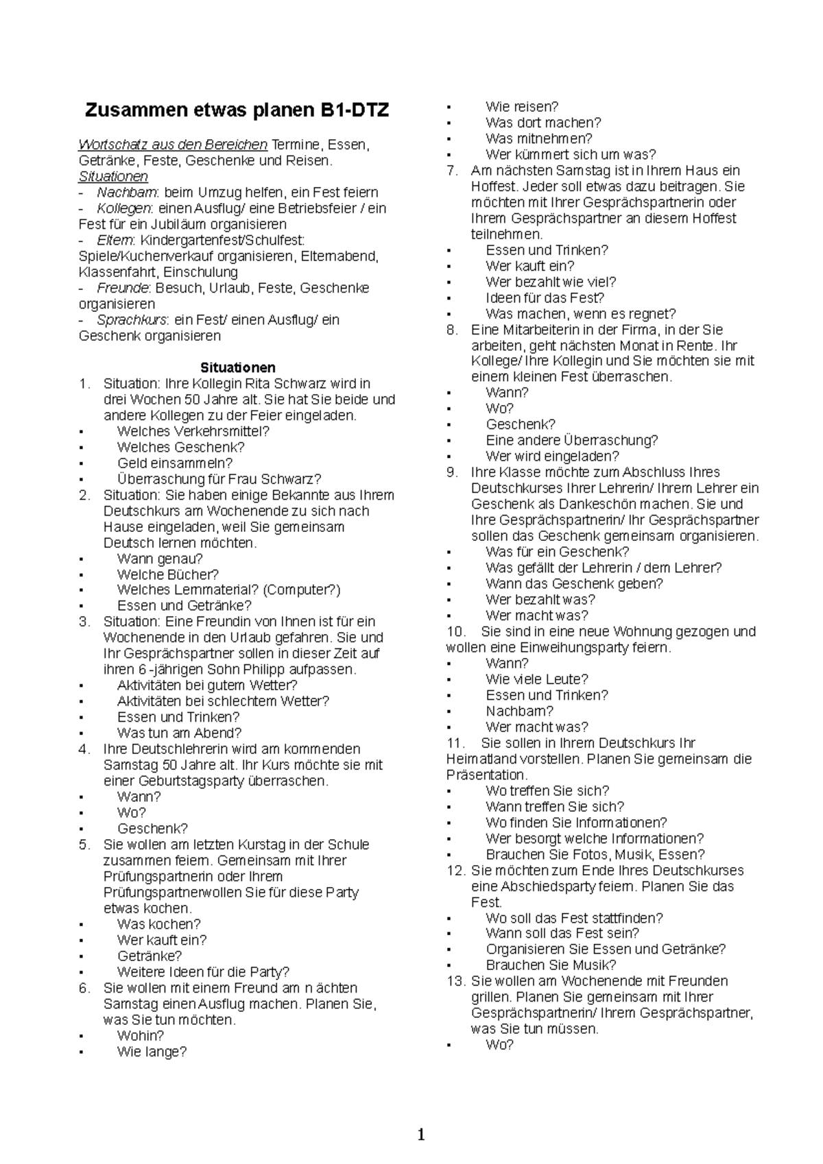 Zusammen etwas planen: Situationsdialoge B1-DTZ - Studocu