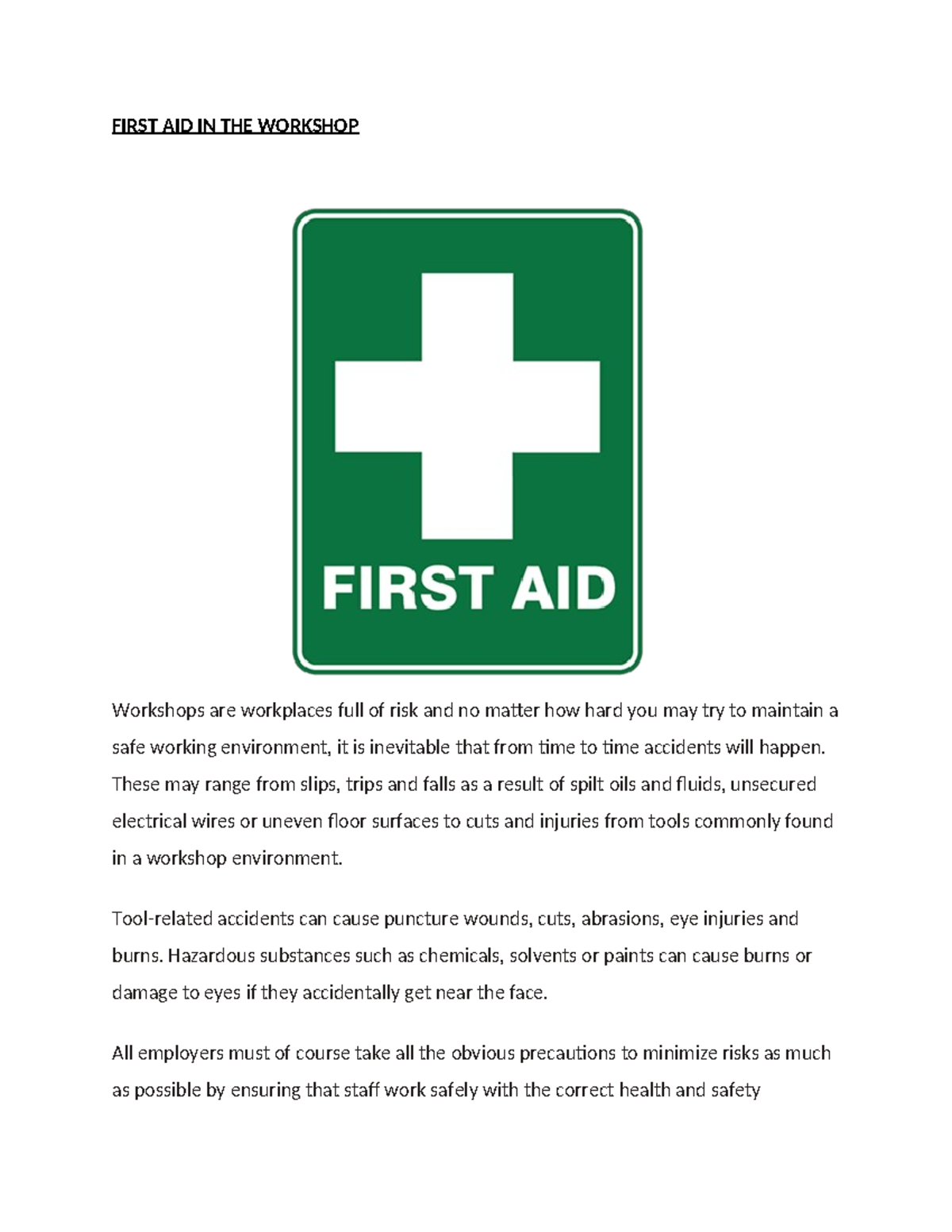 First Aid Guidelines for a Safe Workshop Environment - Studocu