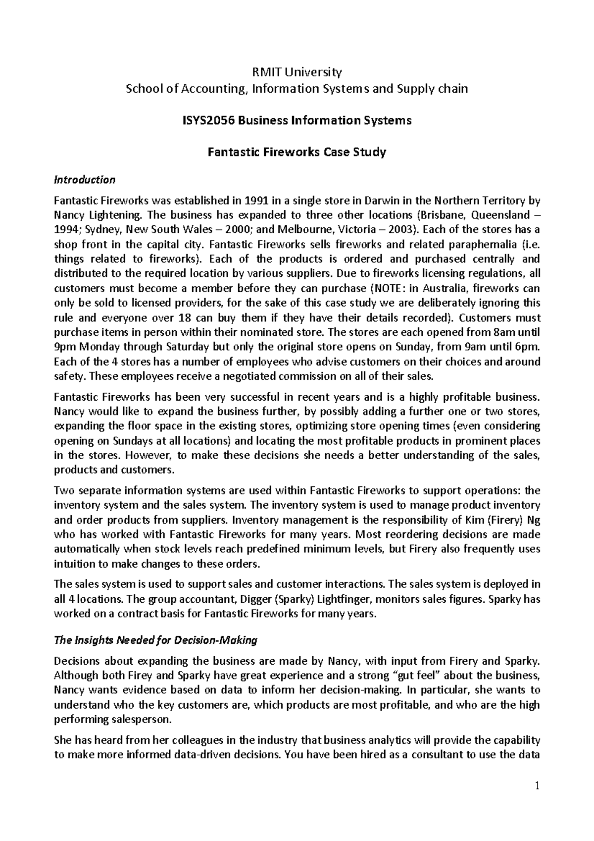 Fantastic Fireworks Case Study - 1 RMIT University School of Accounting ...