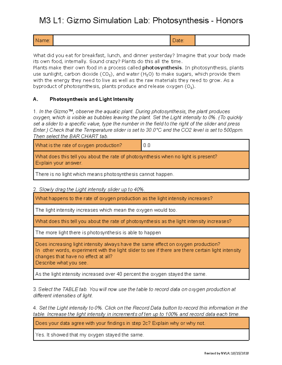 M3 L1 Gizmo Simulation: Photosynthesis Results - Honors Lab Report ...