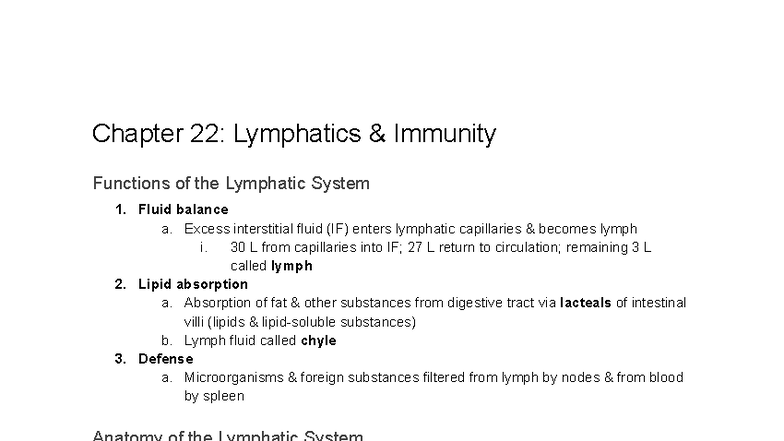 Chapter 22: Lymphatics & Immunity Functions for Exam 2 - Studocu