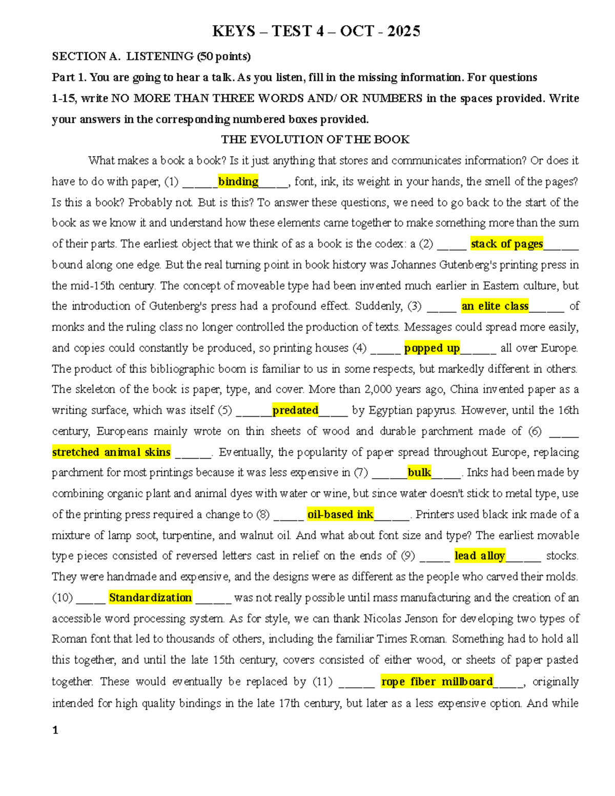 KEYS - TEST 4 - OCT 2025 - LISTENING & READING COMPREHENSION - Studocu