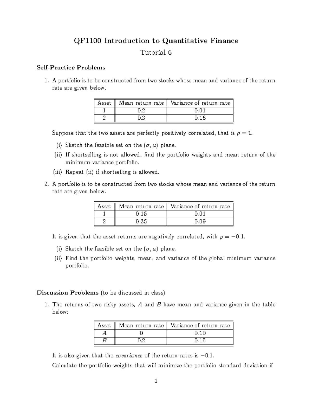 QF1100 Tutorial 6: Portfolio Construction Problems in Quantitative ...