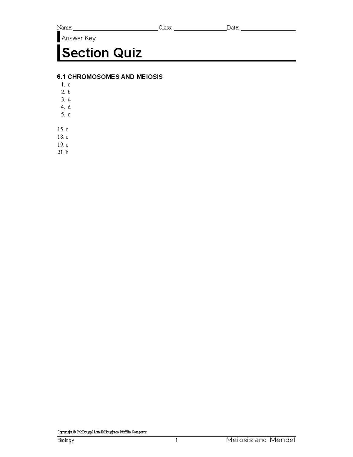 CH 6 Section Quiz Answer Key on Chromosomes & Meiosis - Studocu