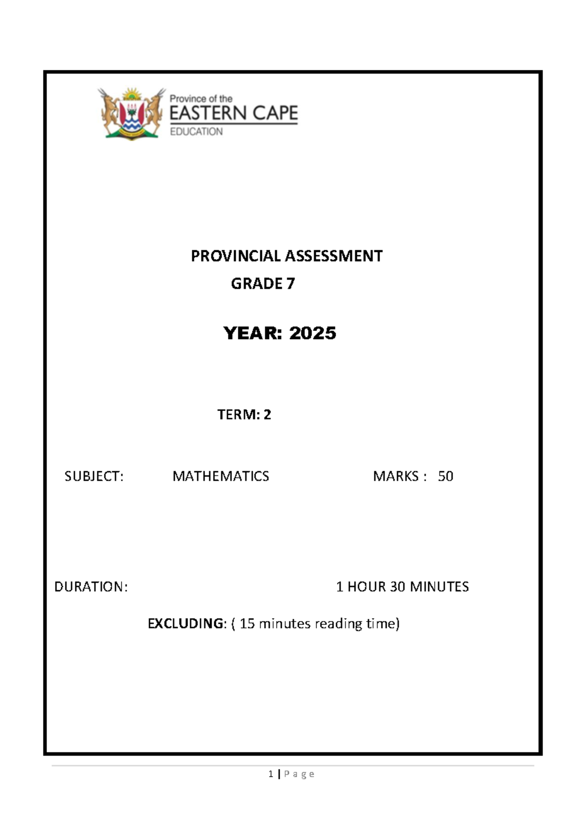 Maths Grade 7 June Test 2025: Provincial Assessment Guide - Studocu
