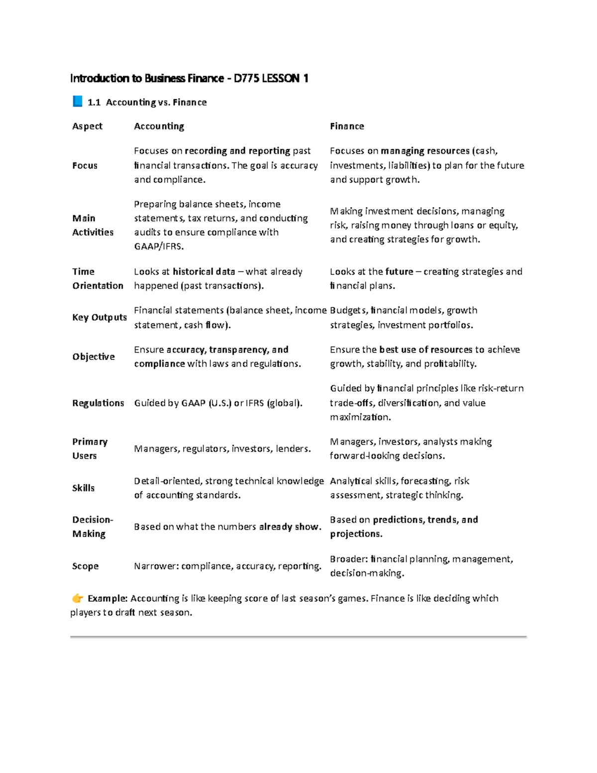 Introduction to Business Finance D775 Lesson 1: Accounting vs. Finance ...