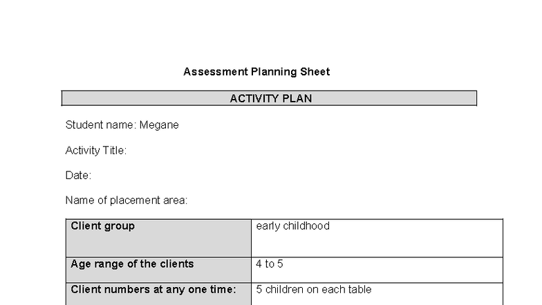 Activity Planning Sheet for Early Childhood (4-5 yrs) - Megane - Studocu