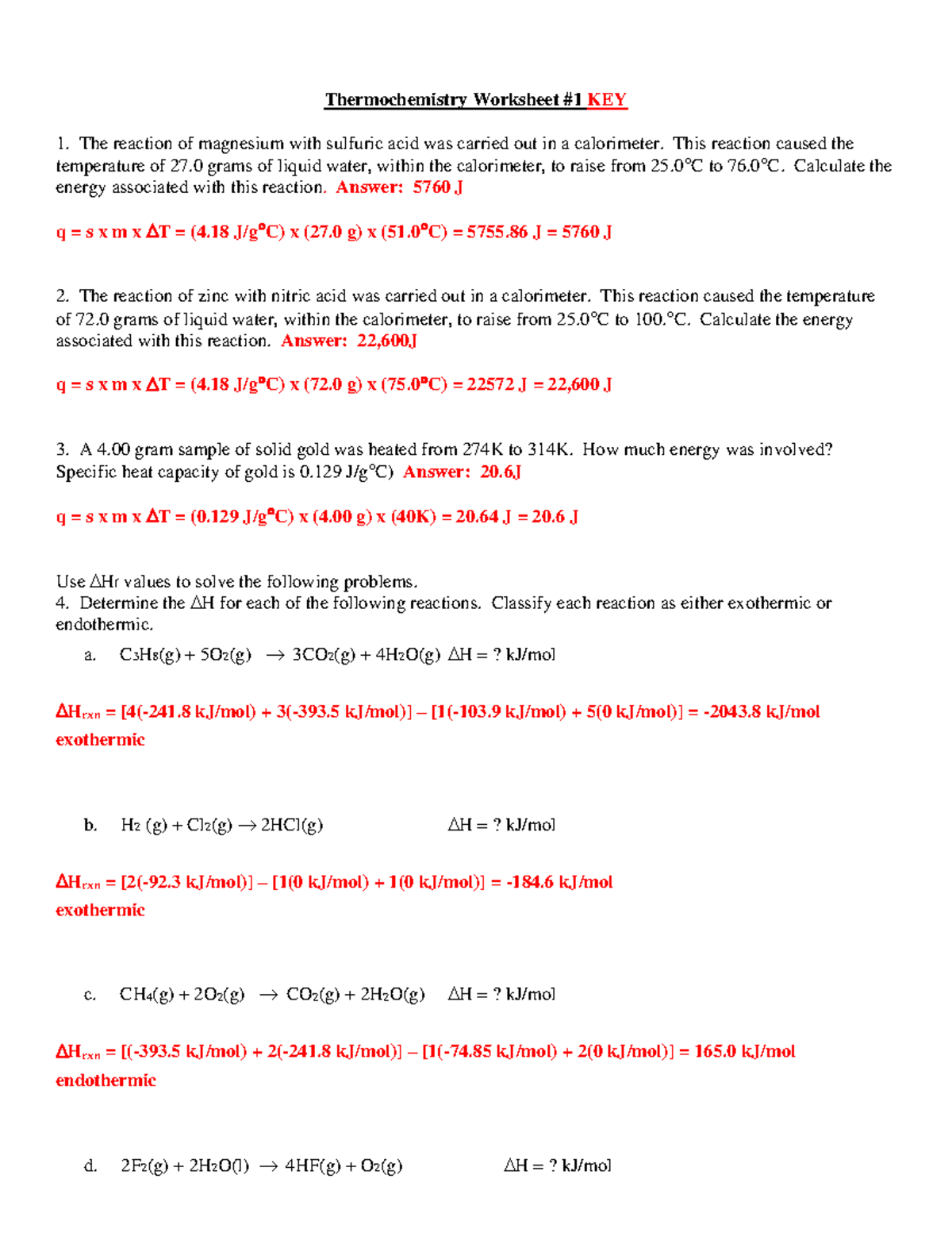 Thermochemistry Worksheets 1 & 2 Answer Key for Revision - Studocu