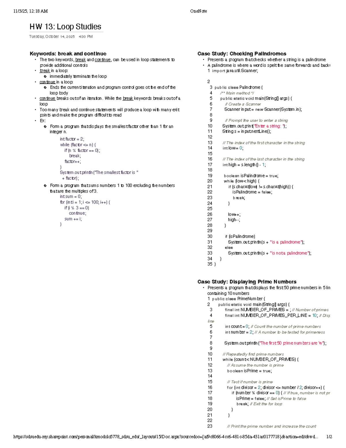 HW 13: Loop Studies - Break, Continue, Palindromes & Primes - Studocu