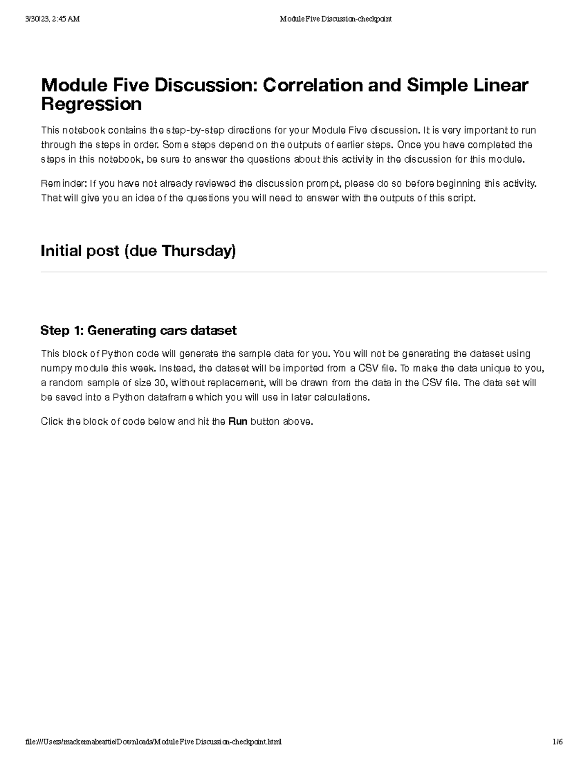 Module Five Discussion- Beattie - Module Five Discussion: Correlation and Simple Linear ...