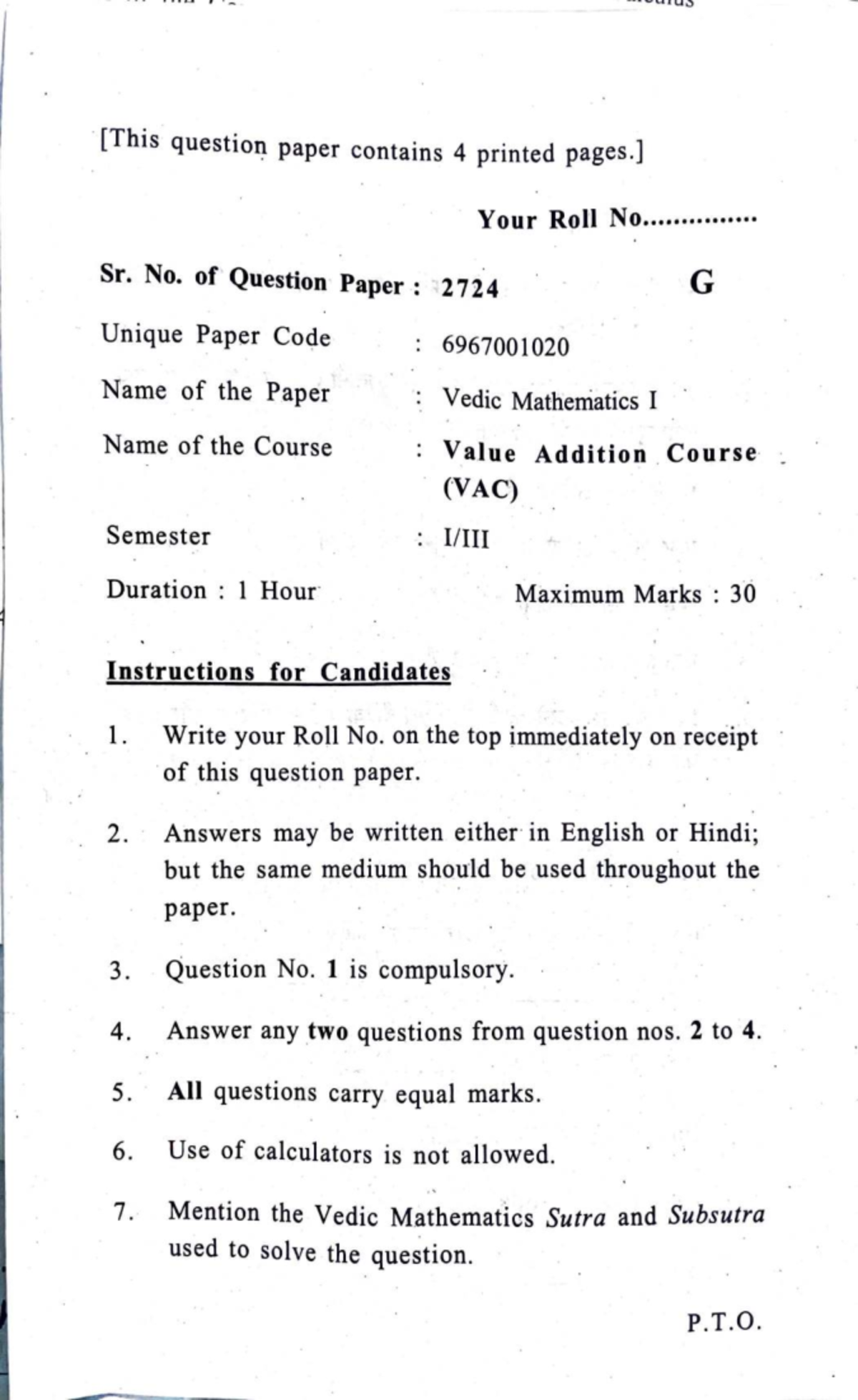 Vedic Mathematics I (VAC) Question Paper - Jan 2024 Sem I - Studocu