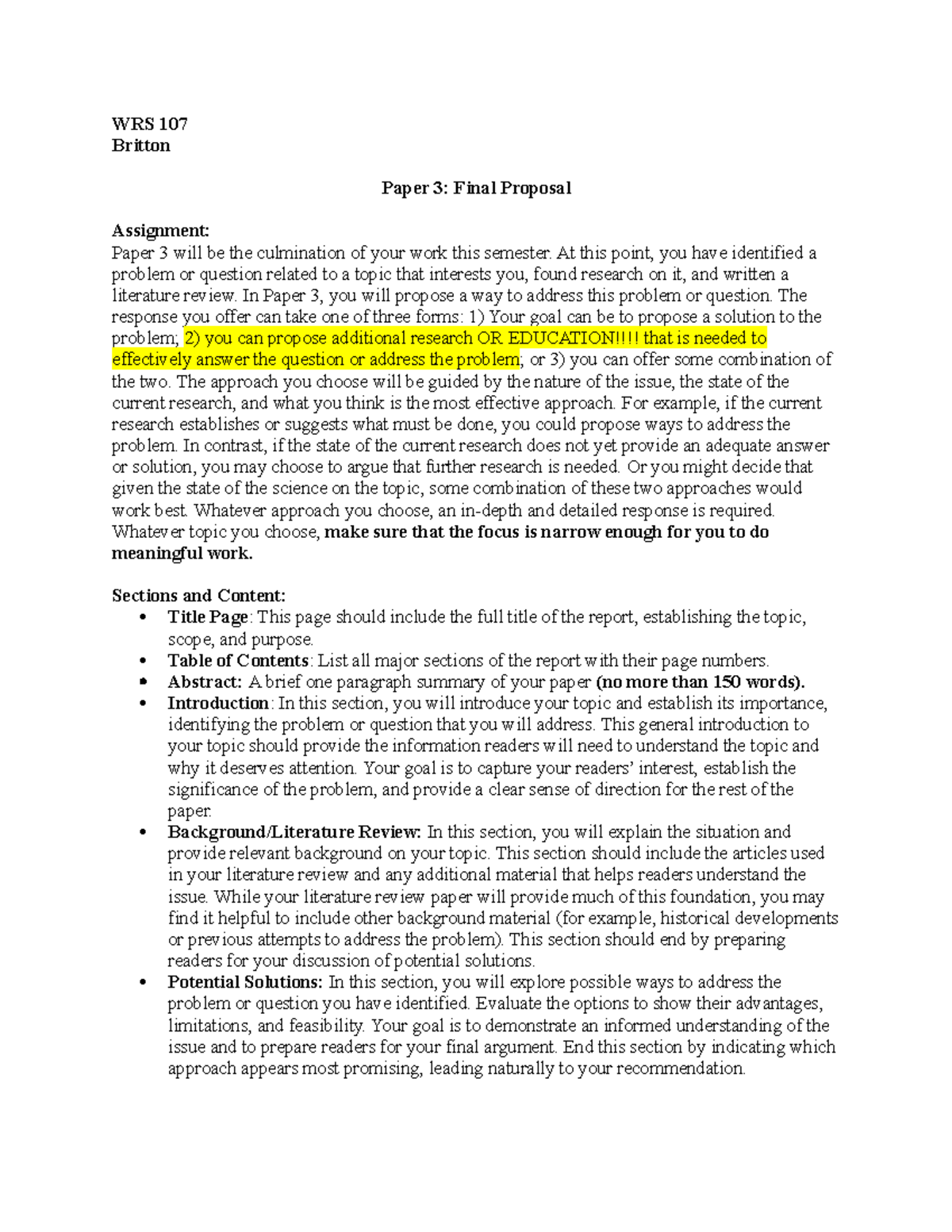 WRS 107 Britton Paper 3: Final Proposal Assignment Guide - Studocu