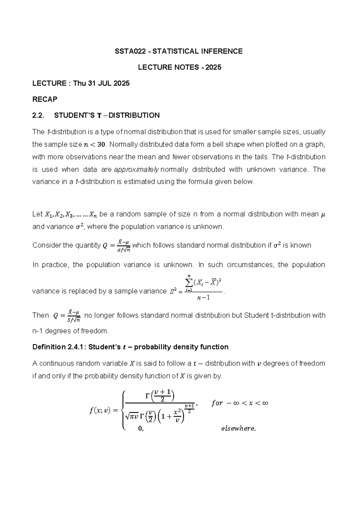 SSTA022: Statistical Inference Lecture Notes - July 31, 2025 - Studocu