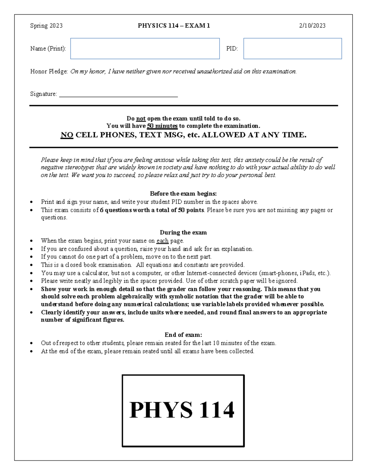 PHYS 114 Spring 2023 Exam 1 Instructions and Questions - Studocu