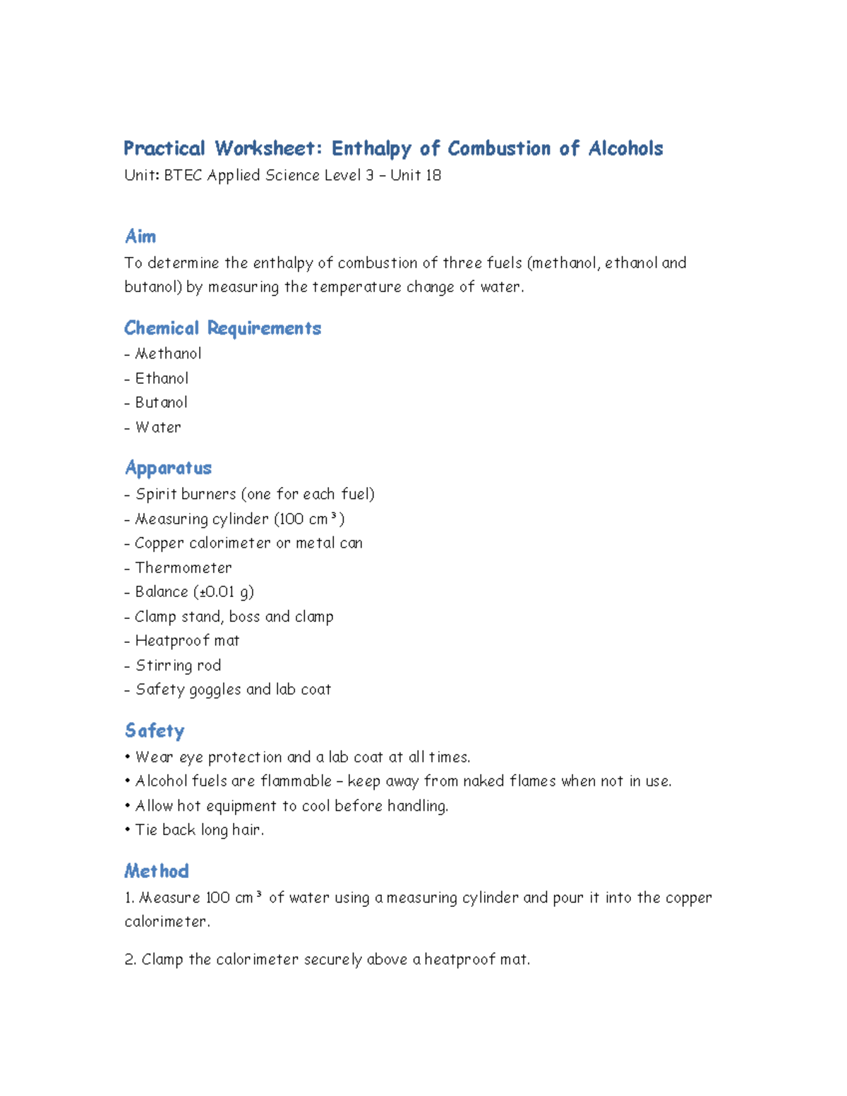 BTEC Applied Science Level 3 Unit 18: Enthalpy of Combustion Worksheet ...