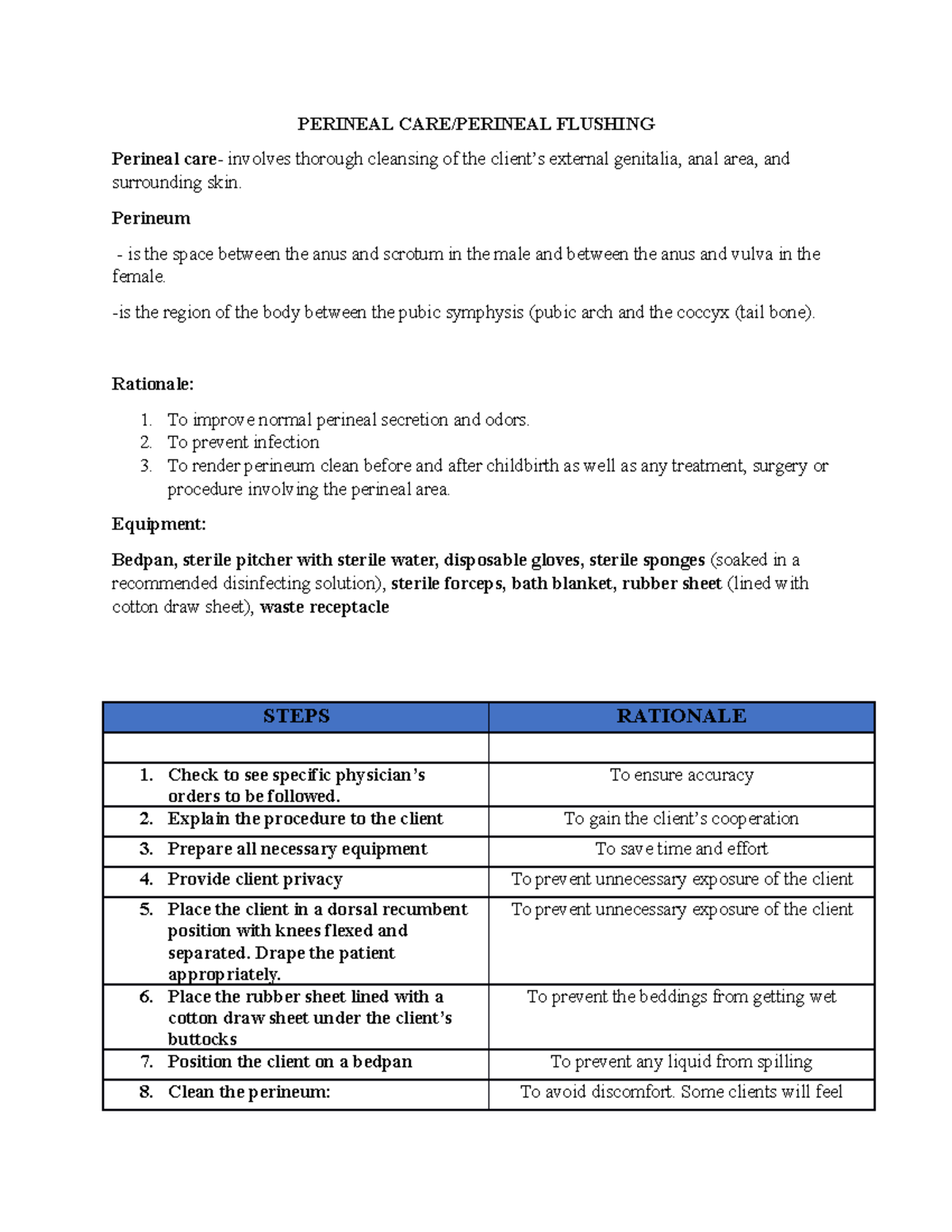 Perineal Care Guidelines 061402: Steps, Rationale, and Equipment - Studocu