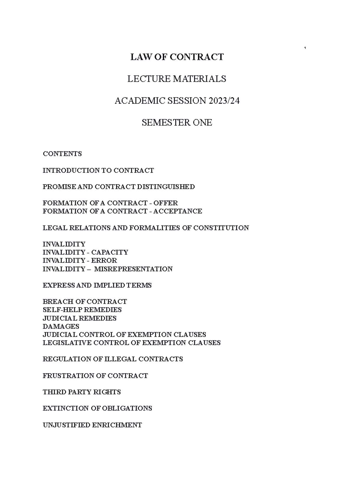 Contract Law Lecture Notes - Academic Year 2023/24 (LAW101) - Studocu