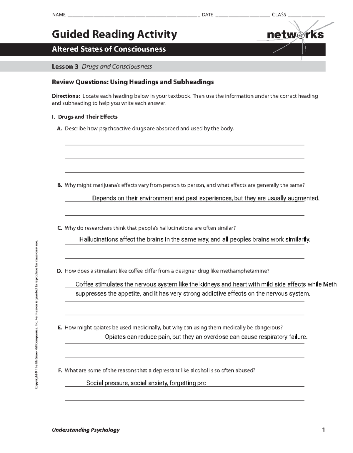 Psych 101 - CH. 7-3 Guided Reading Activity: Drugs & Consciousness ...