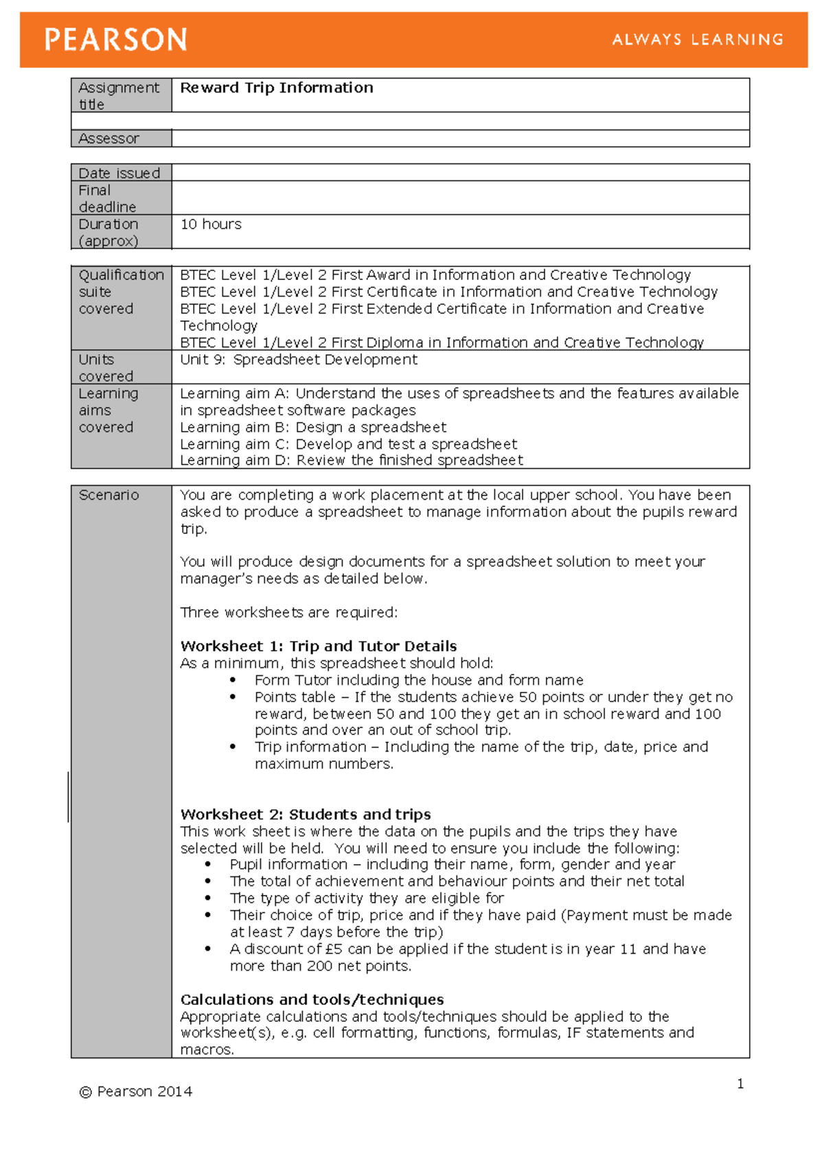 Unit 9: Spreadsheet Development Assignment for Reward Trip Management - Studocu