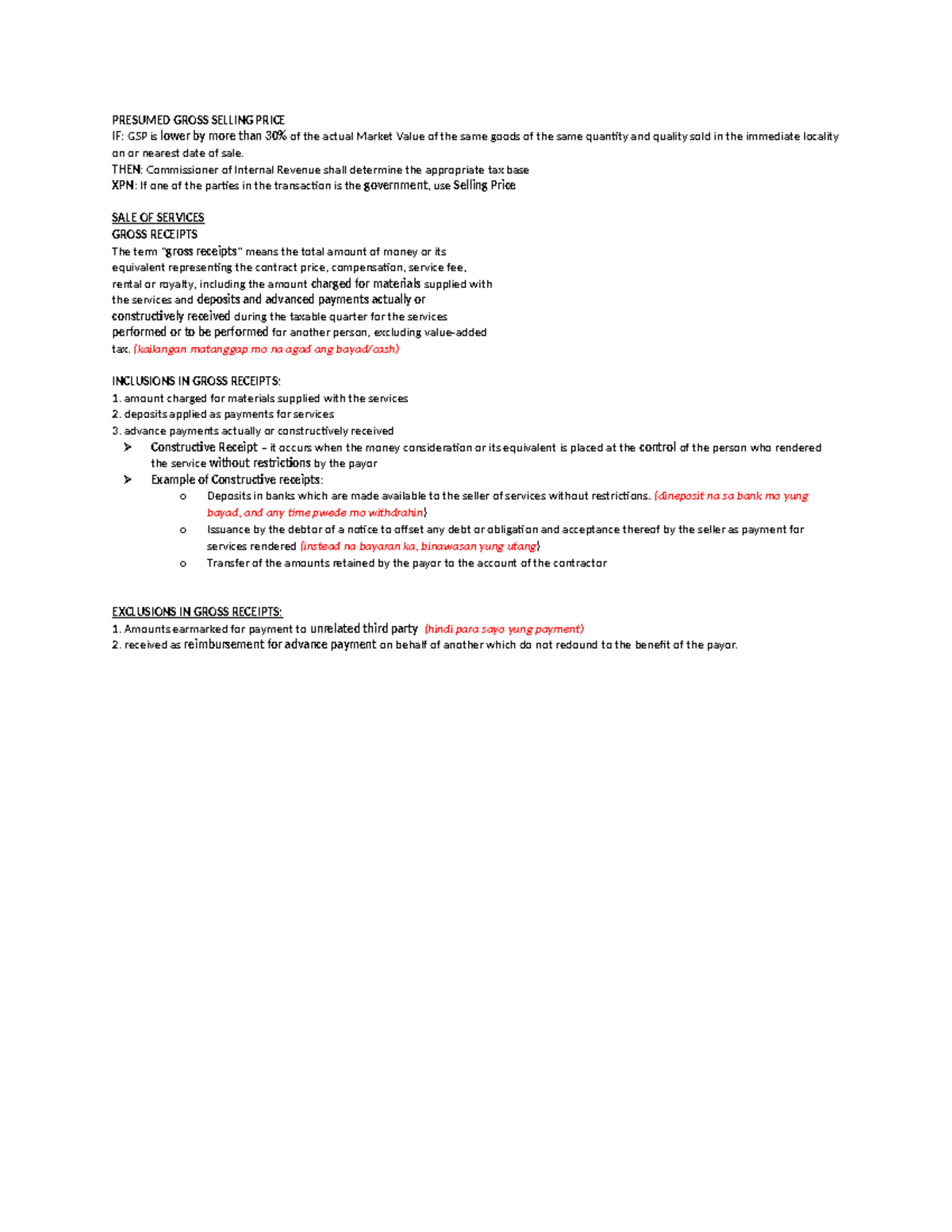 Key Concepts on Presumed Gross Selling Price and Gross Receipts - Studocu