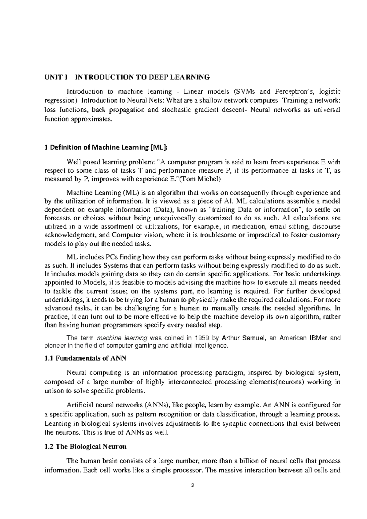 UNIT I: INTRODUCTION TO DEEP LEARNING - MACHINE LEARNING & ANN OVERVIEW ...